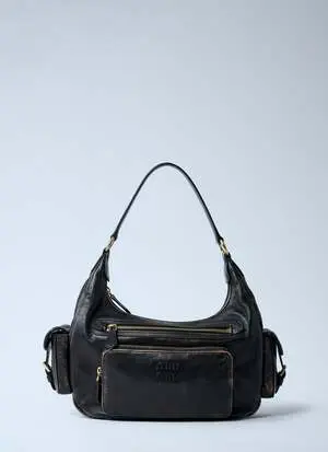 Miu Miu Leather Shoulder Bag With Distressed Finish And Zip Pockets