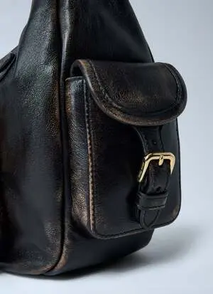Miu Miu Leather Shoulder Bag With Distressed Finish And Zip Pockets