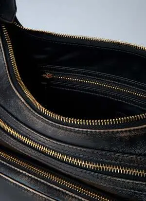 Miu Miu Leather Shoulder Bag With Distressed Finish And Zip Pockets