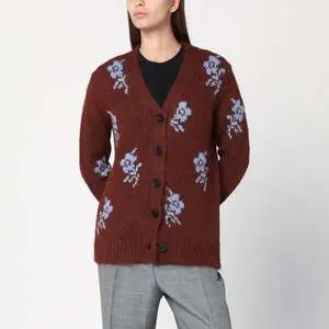 JIL SANDER Alpaca & Virgin Wool Floral Inlay Cardigan - Brown