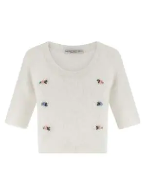 Alessandra Rich Carded Mohair Cropped Sweater With Embroidery - White