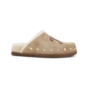 Celine Triomphe Wedge 15mm Suede Shearling Mules - Brown