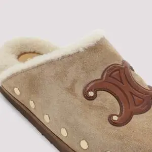 Celine Triomphe Wedge 15mm Suede Shearling Mules