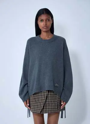 GANNI Wool-blend Crewneck Sweater With Logo Patch - Gray