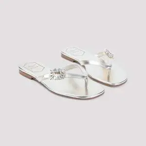 ROGER VIVIER Light Gold Leather Embellished Flip Flops