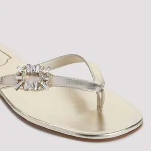 ROGER VIVIER Light Gold Leather Embellished Flip Flops
