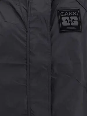 GANNI Recycled Nylon Hooded Jacket With Logo Detail - Black