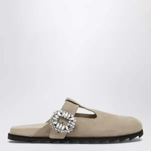 ROGER VIVIER Suede Mules With Crystal Buckle - Cream