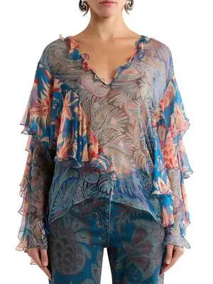 Etro Long-sleeved Silk Blouse With Ruffles - Multicolor