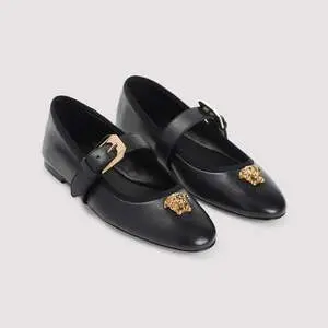 Versace Lamb Leather Ballerinas With Gold Tone Embellishment - Black
