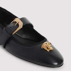 Versace Lamb Leather Ballerinas With Gold Tone Embellishment - Black