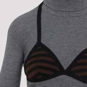 Moschino Virgin Wool Ribbed Turtleneck With Striped Bikini Detail
