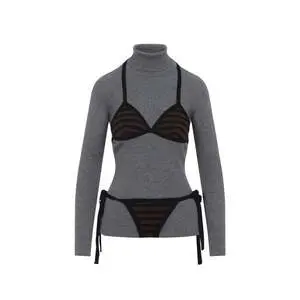 Moschino Virgin Wool Ribbed Turtleneck With Striped Bikini Detail - Gray