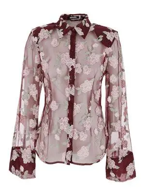 Sheer Floral Embroidered Long Sleeve Tops
