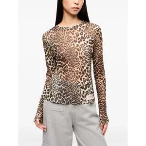 GANNI Long Sleeve Leopard Print Top - Brown