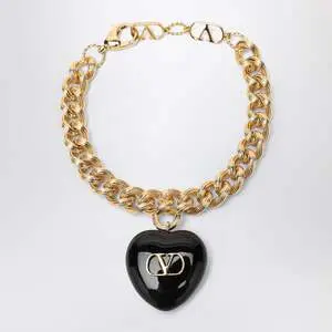 Valentino Garavani Gold-coloured Metal Chain Bracelet With Black Heart Charm - Silver