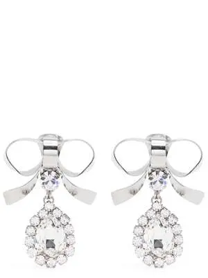 Alessandra Rich Metal Bow Crystal Drop Earrings - Silver