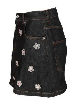 Marni Black Denim Skirt With Daisy Appliques And Gemstone Embellishments