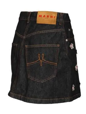 Marni Black Denim Skirt With Daisy Appliques And Gemstone Embellishments