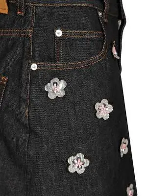 Marni Black Denim Skirt With Daisy Appliques And Gemstone Embellishments