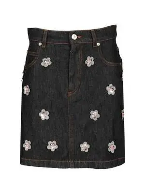 Marni Black Denim Skirt With Daisy Appliques And Gemstone Embellishments