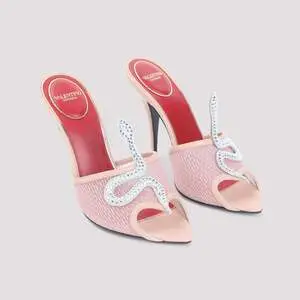 Valentino Garavani Pink Leather And Mesh Mules With Crystal Snake Embellishment