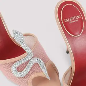 Valentino Garavani Pink Leather And Mesh Mules With Crystal Snake Embellishment