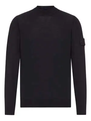 Stone Island Crew Neck Fine Knit Wool Sweater With Signature Badge - Black