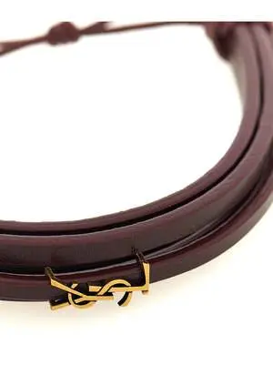 Saint Laurent Cassandre Multiturn Leather Bracelet With Antiqued Effect Metal Logo