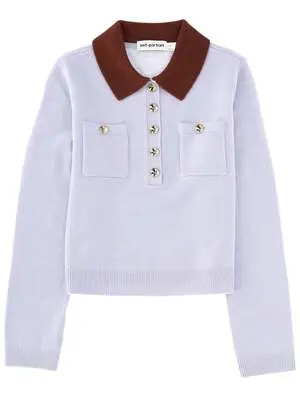 SELF-PORTRAIT Jersey Knit Sweater With Contrast Collar - Blue