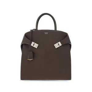 FERRAGAMO Gancini Buckle Calf Leather Tote Bag - Brown
