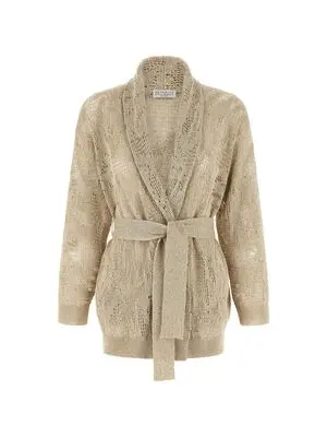 Brunello Cucinelli Belted Crochet Knit Cardigan With Sequins - Multicolor