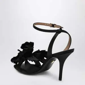 FERRAGAMO Satin Flower High Heel Sandals - Black