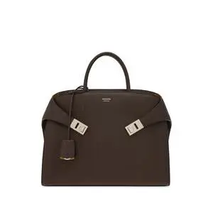 FERRAGAMO Calfskin Leather Tote Bag With Clasp Detail - Brown