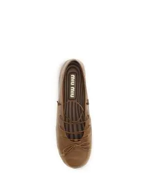 Miu Miu Leather Ballerinas With Lace-up Detailing - Brown