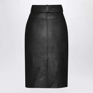 Saint Laurent Crinkled Calfskin Belted Pencil Skirt - Black
