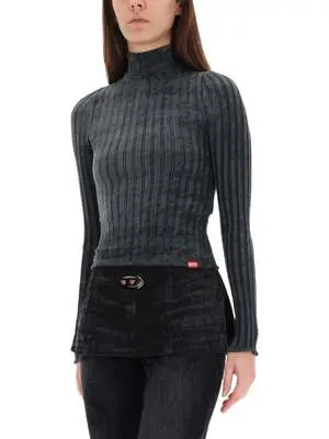 DIESEL® Ribbed High Neck Long Sleeve Top - Gray