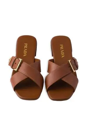 Prada Leather Crisscross Slides With Buckle - Brown
