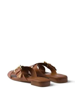 Prada Leather Crisscross Slides With Buckle - Brown