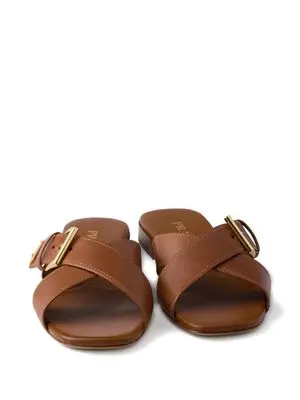 Prada Leather Crisscross Slides With Buckle - Brown