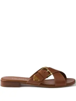 Prada Leather Crisscross Slides With Buckle - Brown