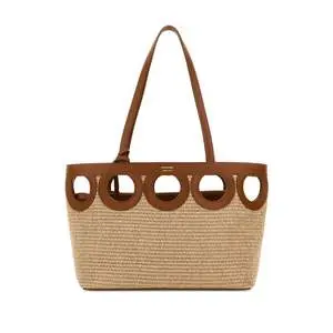 FERRAGAMO Raffia Tote Bag With Leather Trim And Cut-outs - Brown