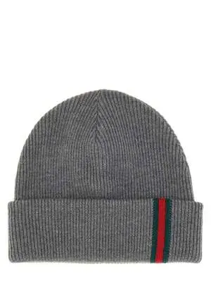 Gucci Ribbed Wool Beanie With Stripe Detail - Gray