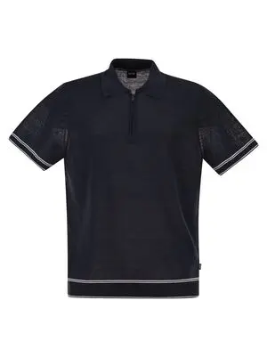 BOSS Boss Men Linen And Viscose Polo Shirt With Zip And Contrast Trims Blue