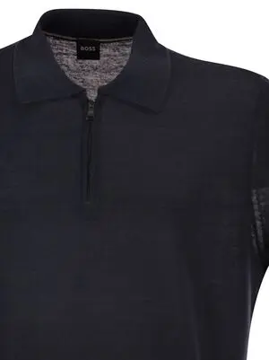 BOSS Linen And Viscose Polo Shirt With Zip And Contrast Trims - Blue