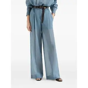 Brunello Cucinelli Palazzo Pants In Cotton Organza With Monili Embroidery - Blue