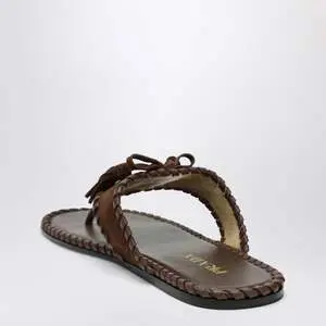 Prada Suede And Nappa Leather Flip Flops With Tassel Detail - Brown