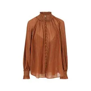 Zimmermann Metallic Striped High Neck Shirred Blouse - Brown
