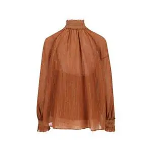 Zimmermann Metallic Striped High Neck Shirred Blouse - Brown