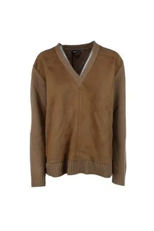 Prada V-neck Knitwear With Suede Overlay - Multicolor